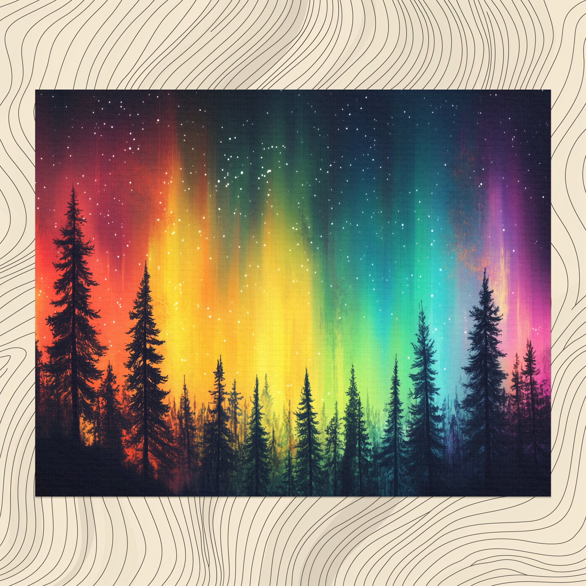 Fantasy Rainbow Trees Canvas Wall Art, Colorful Sky Painting, Northern ...