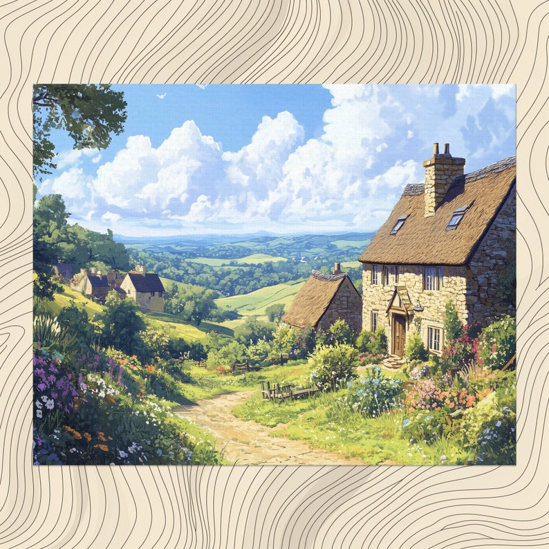 Charming English Countryside Canvas Wall Art, Stone Cottages, Thatched ...