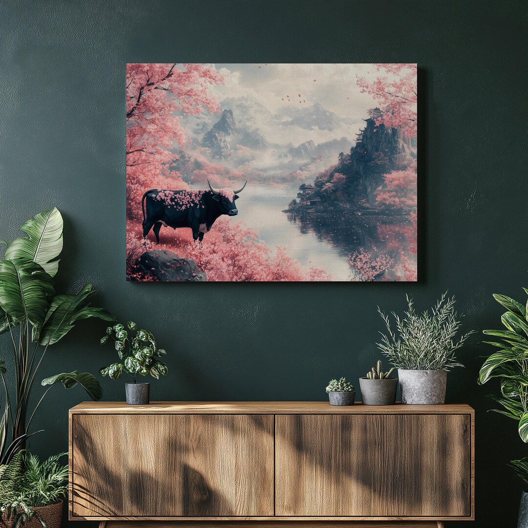 Wagyu Cow Canvas Wall Art With Cherry Blossom Landscape, Pink Floral ...