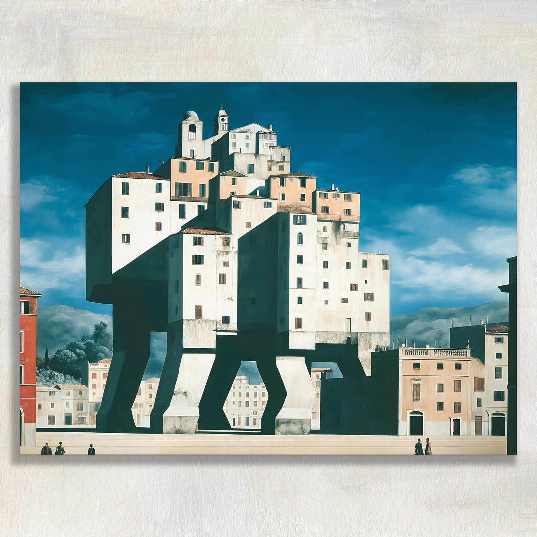 Surreal Architecture City Canvas Wall Art – Dreamlike Stacked Houses ...