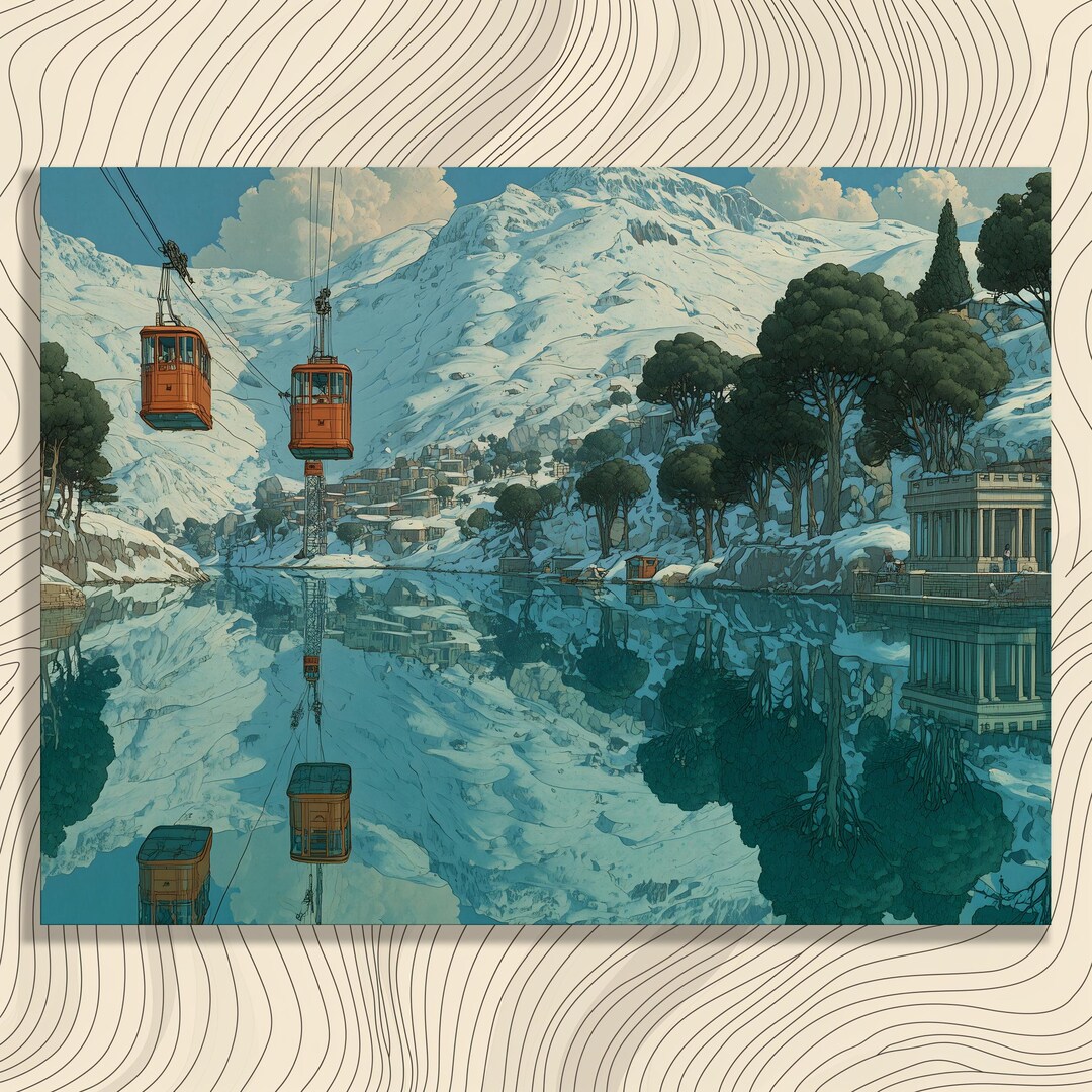 Alpine Cable Car Canvas Wall Art – Snowy Mountain Lake Reflection ...