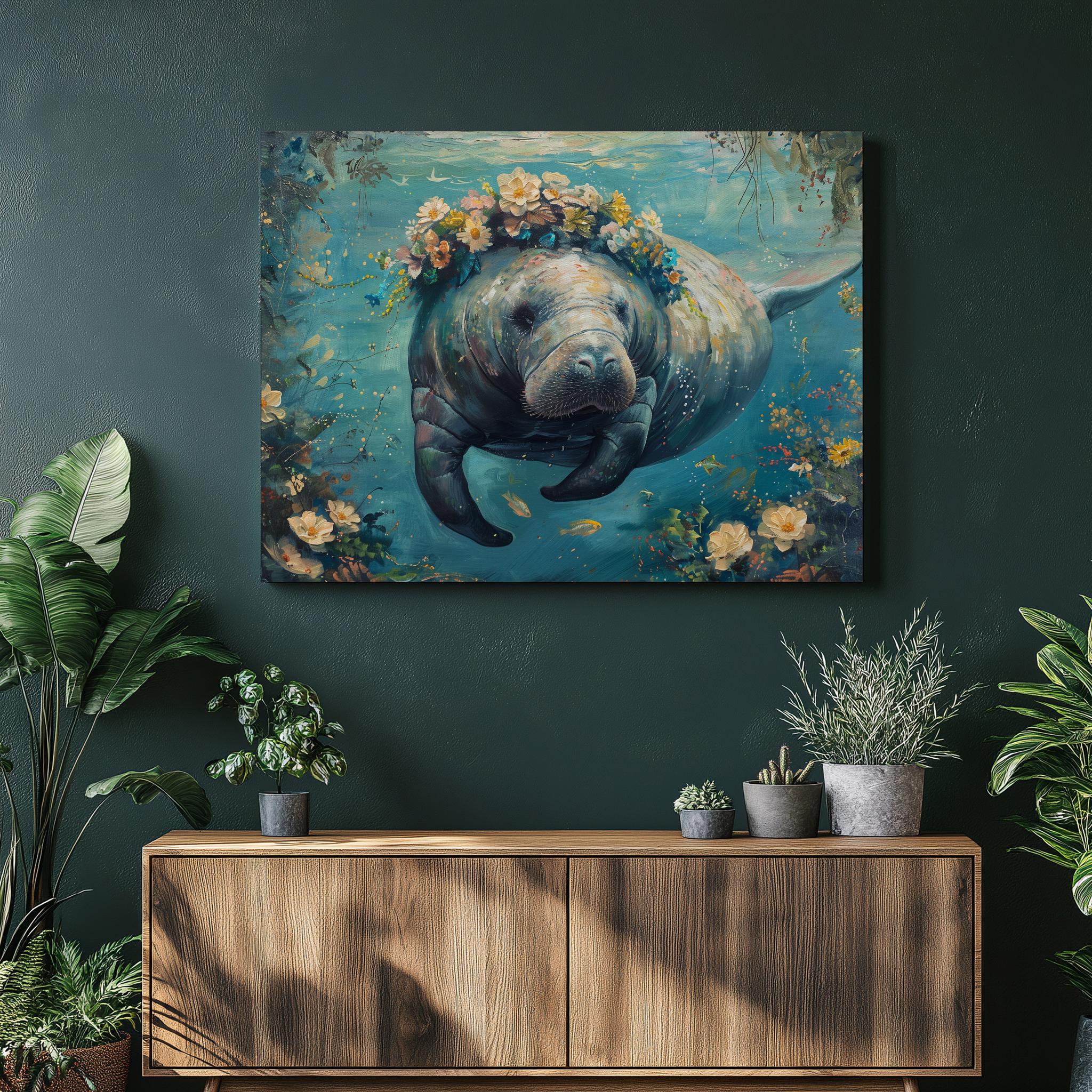 Manatee Canvas Wall Art, Underwater Sea Cow Painting, Flower Garland ...