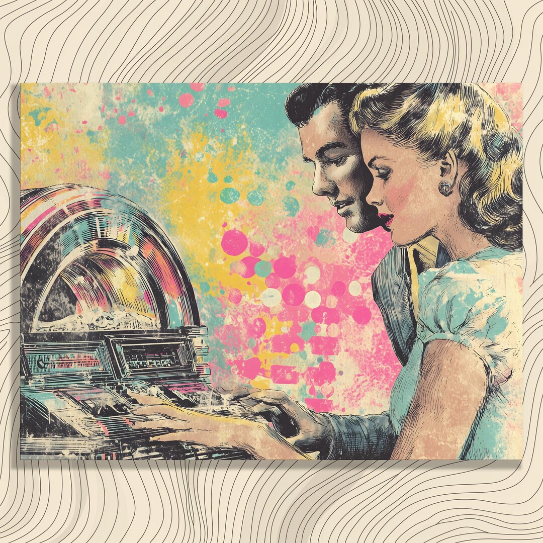 Retro Jukebox Couple Canvas Wall Art – Mid Century Vintage Print Rock ...