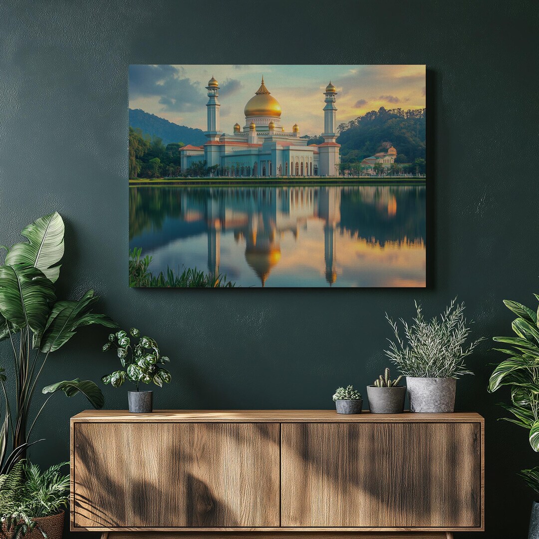 Mosque Brunei Landscape Art Emerald Greenery Reflection Water View ...