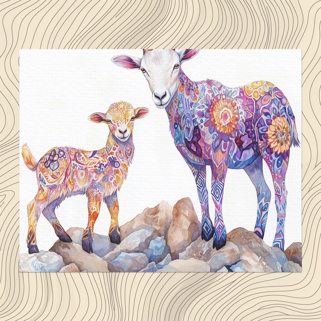 Goats Canvas Wall Art, Watercolor Mother and Kid Climbing With Magenta ...