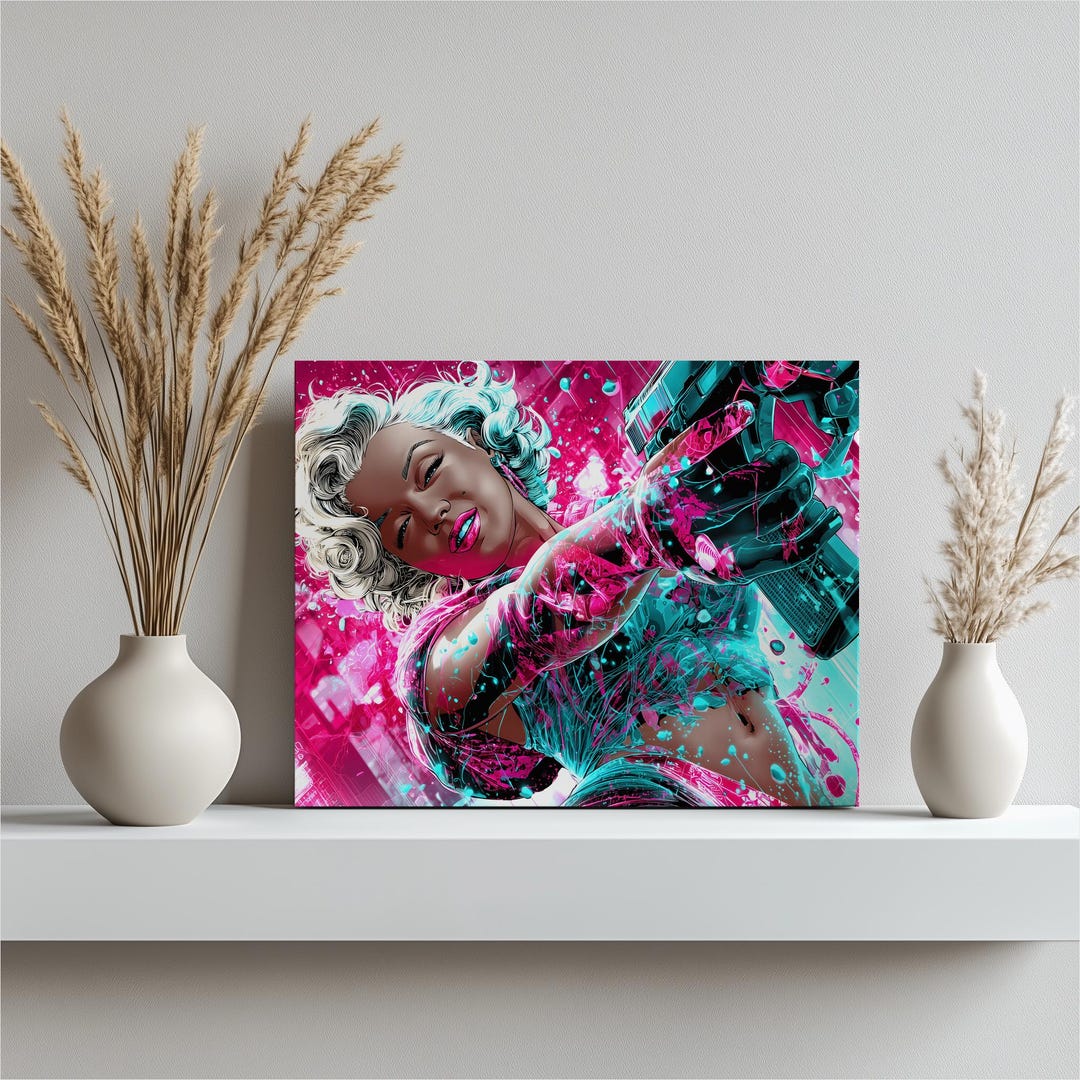 Cyberpunk Neon Heroine Canvas Wall Art – Futuristic Digital Portrait ...