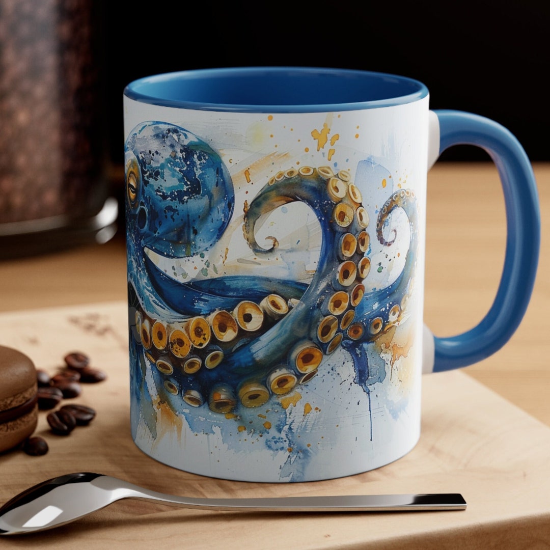 Blue Yellow Octopus Mug | Animal Lover, Coffee Mug, Tea Mug, Nature ...