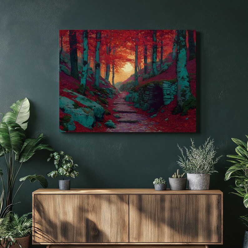 Vibrant Sunset Forest Path Canvas Wall Art – Colorful Woodland ...