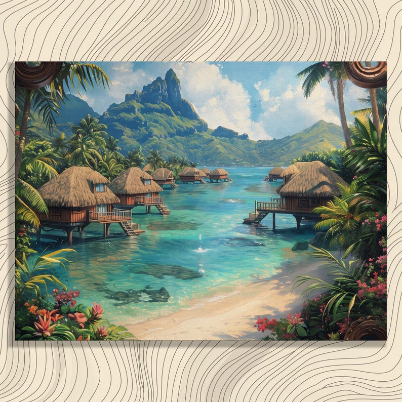 Beautiful French Polynesia Canvas Wall Art, Scenic Overwater Bungalows ...