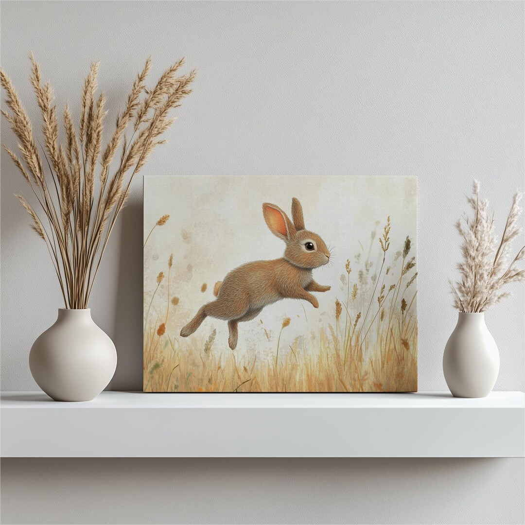Whimsical Rabbit Canvas Wall Art Print - Cute Bunny Painting Home Decor ...