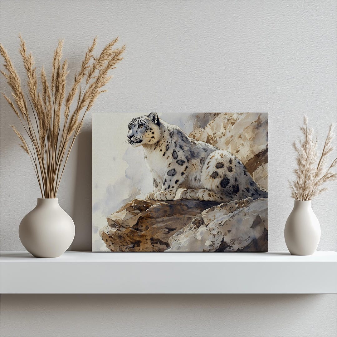 Snow Leopard Canvas Wall Art - Watercolor Painting of Majestic Predator ...