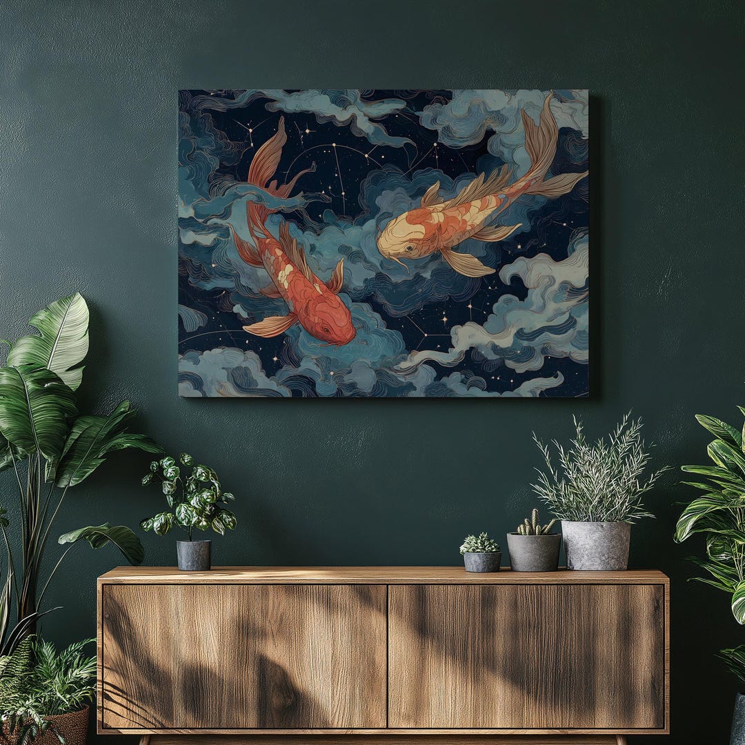 Dreamy Koi Canvas Wall Art – Modern Celestial Koi Constellations Starry ...