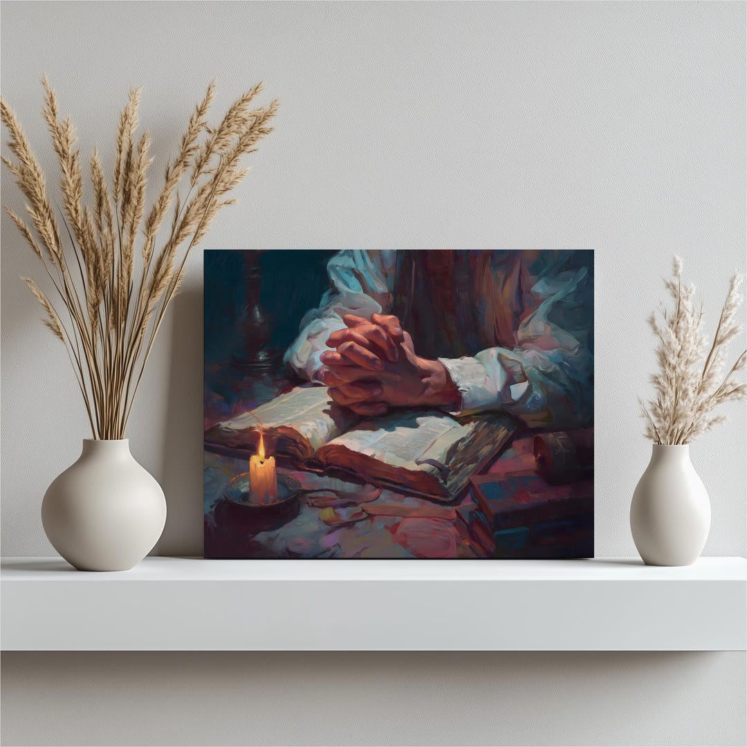 Praying Hands Canvas Wall Art - Open Bible Candlelight Devotional ...