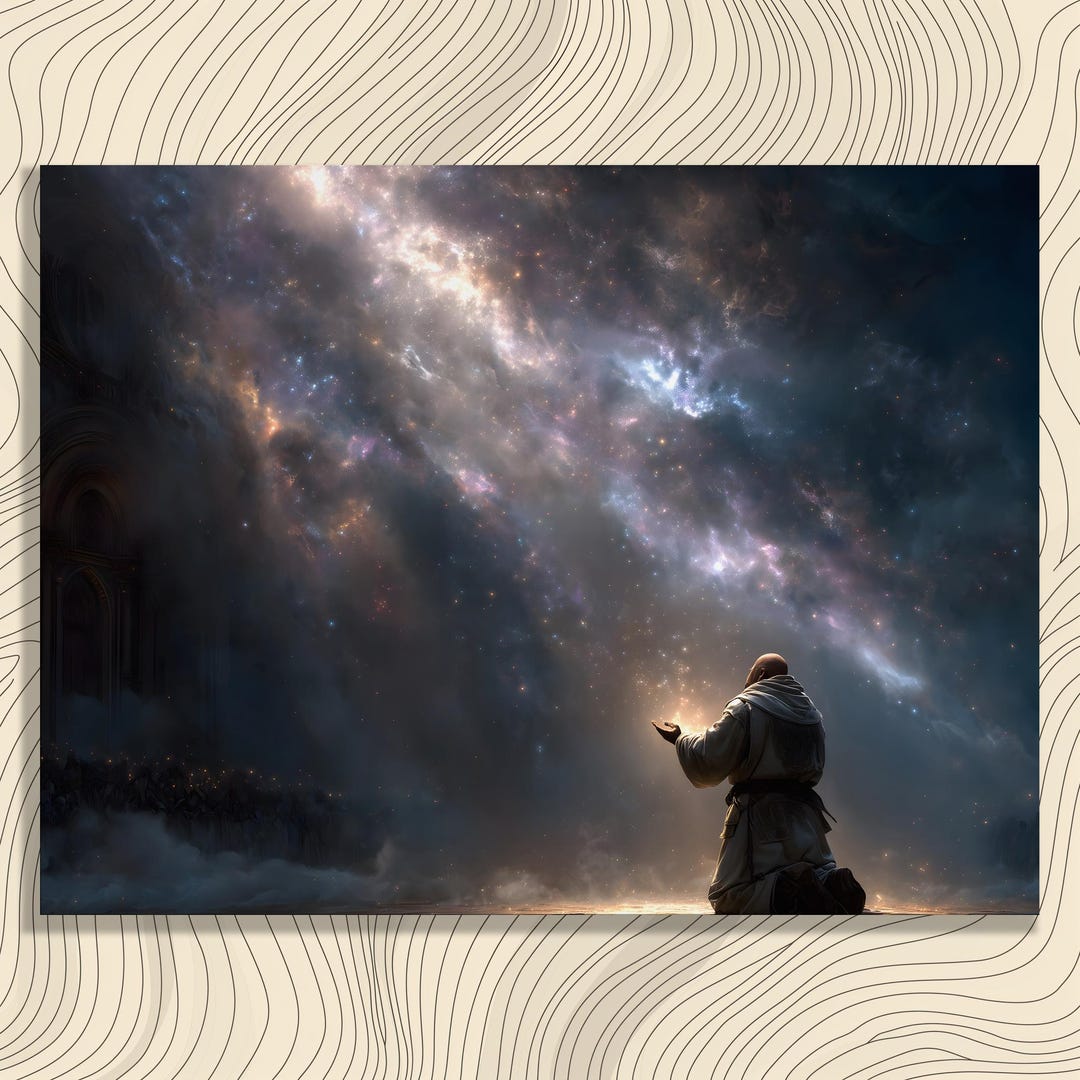 Cosmic Monk Prayer Canvas Wall Art – Spiritual Galaxy Art Meditation ...
