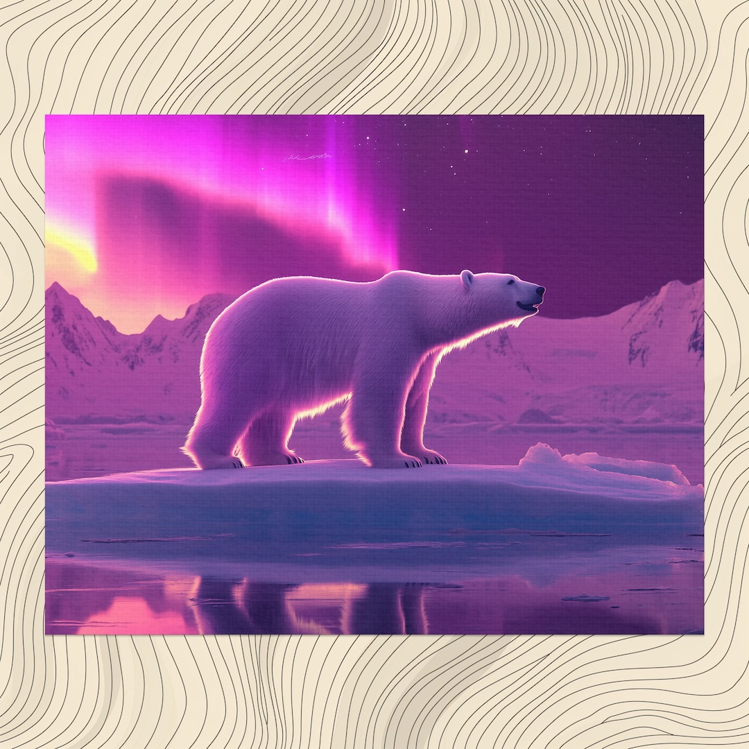 Polar Bear Canvas Wall Art, Purple Aurora North Light Ice Landscape Art ...