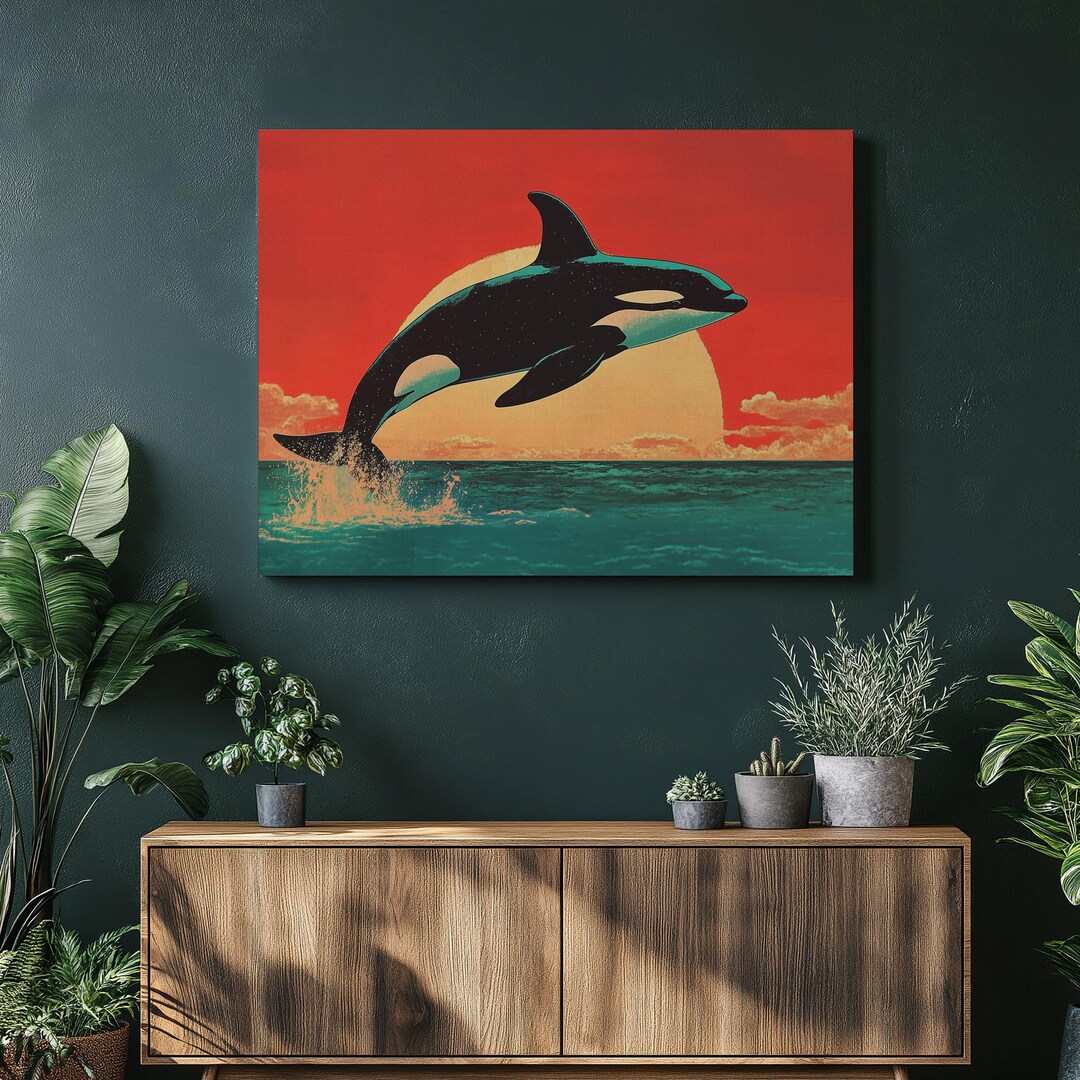 Crimson Sky Orca Canvas Wall Art - Leaping Whale Painting Under Red ...