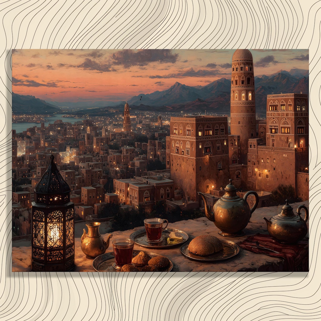 Yemen Canvas Wall Art - Sanaa Skyline Tea Scene Oil Painting Print for ...