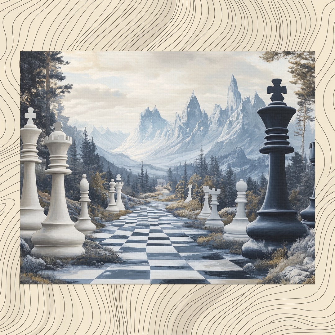 Fantasy Chess Pieces Canvas Wall Art, Giant Chess Landscapes and Black ...