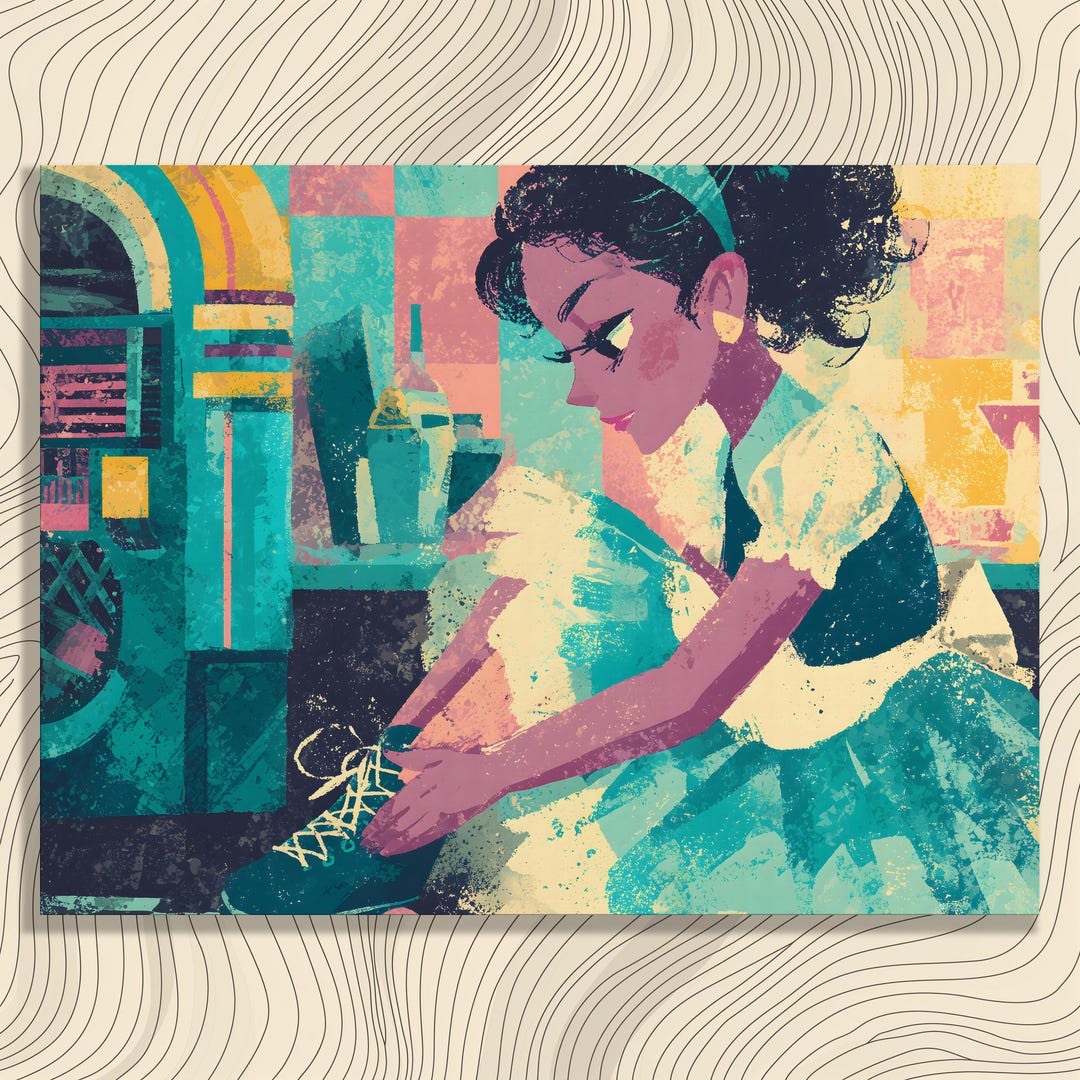 Retro Diner Jukebox Canvas Wall Art – Waitress Lacing Skates With Neon ...