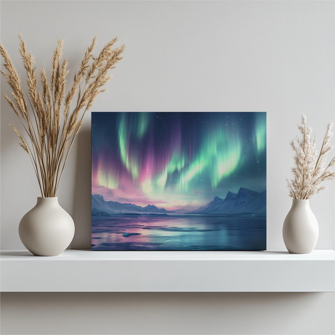 Stunning Northern Lights Canvas Wall Art - Aurora Borealis Landscape in ...