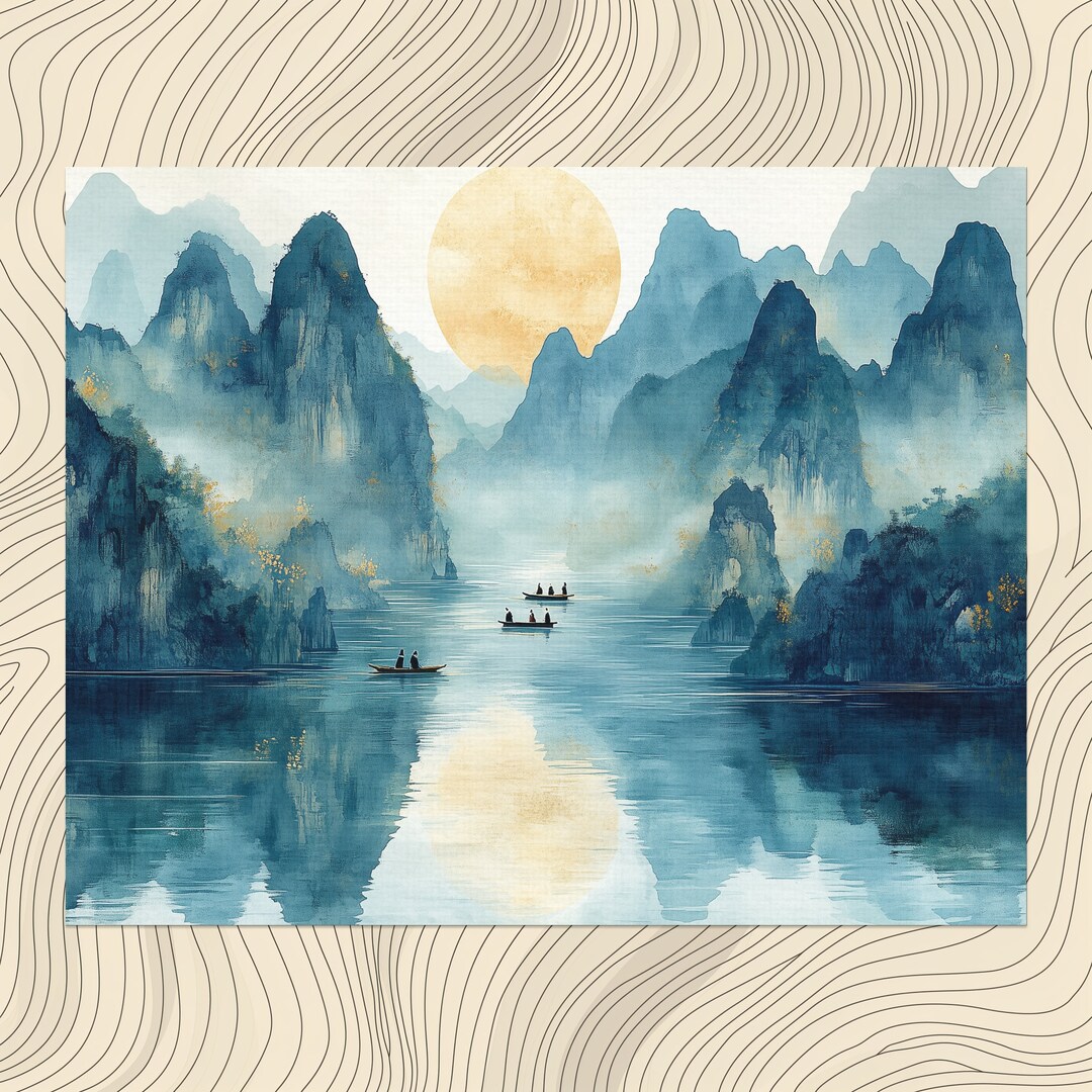 Li River Karst Mountains Canvas Wall Art, Vibrant Watercolor Painting ...