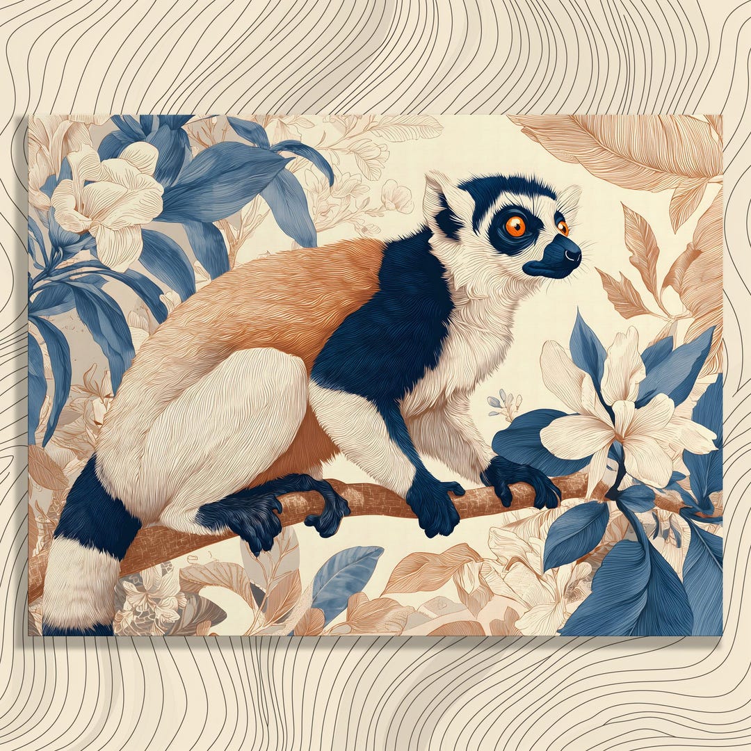 Ring Tailed Lemur Canvas Wall Art - Tropical Foliage Botanical Poster ...