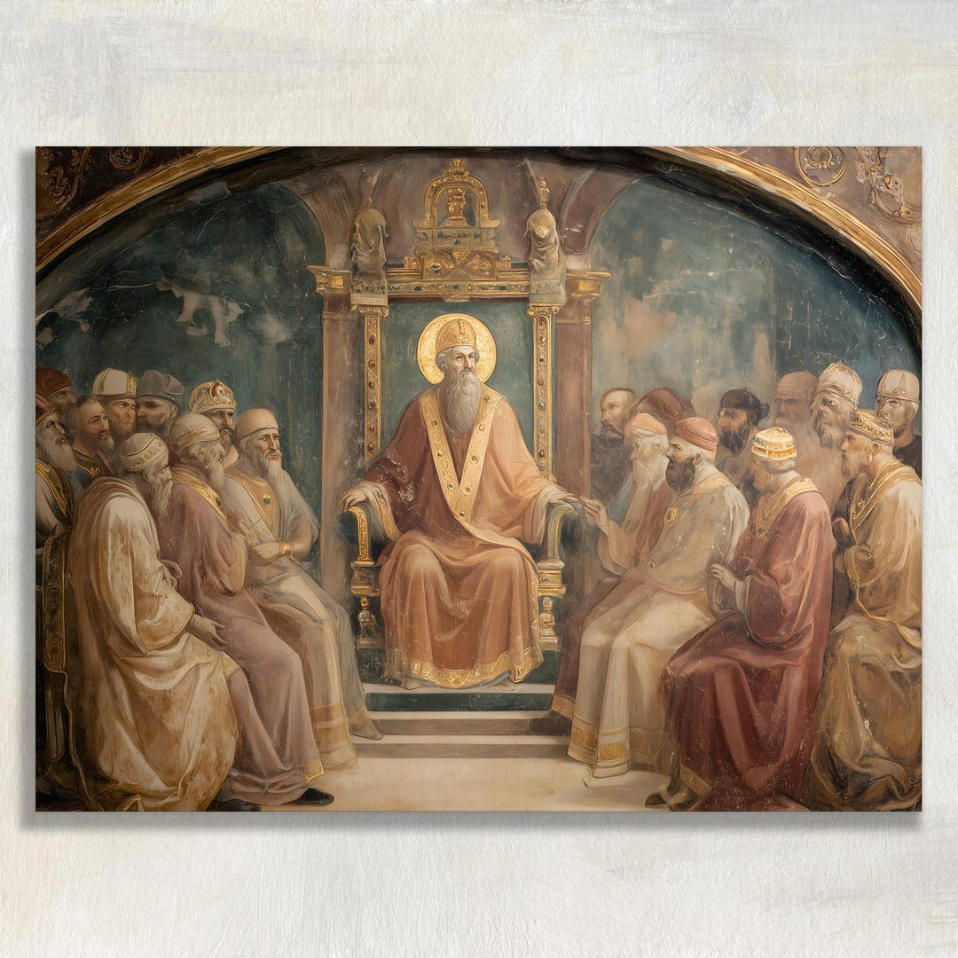 Classic Saint Canvas Wall Art - Medieval Bishop on Throne Religious ...
