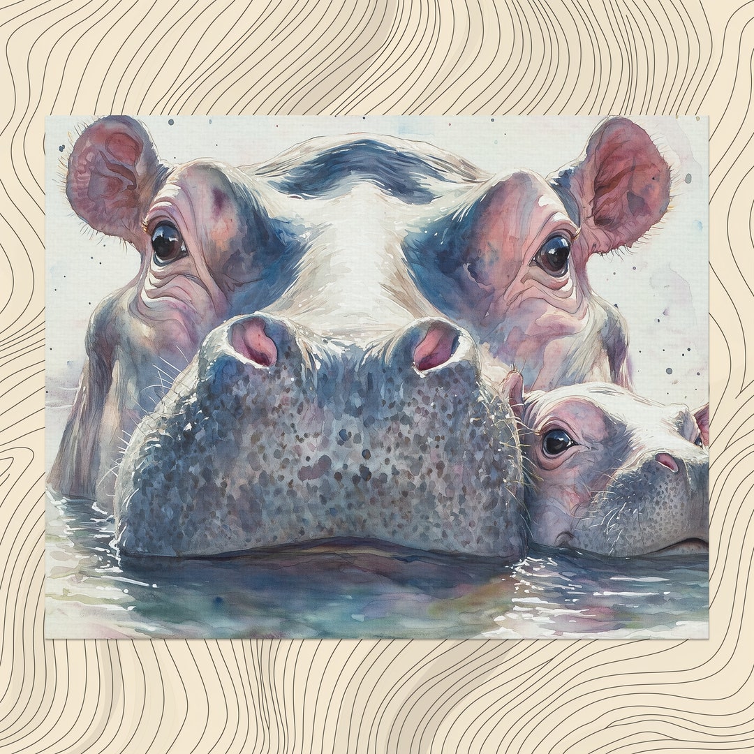 Hippo Canvas Wall Art, Cute Mother Baby Hippo Art for Home Decor, River ...