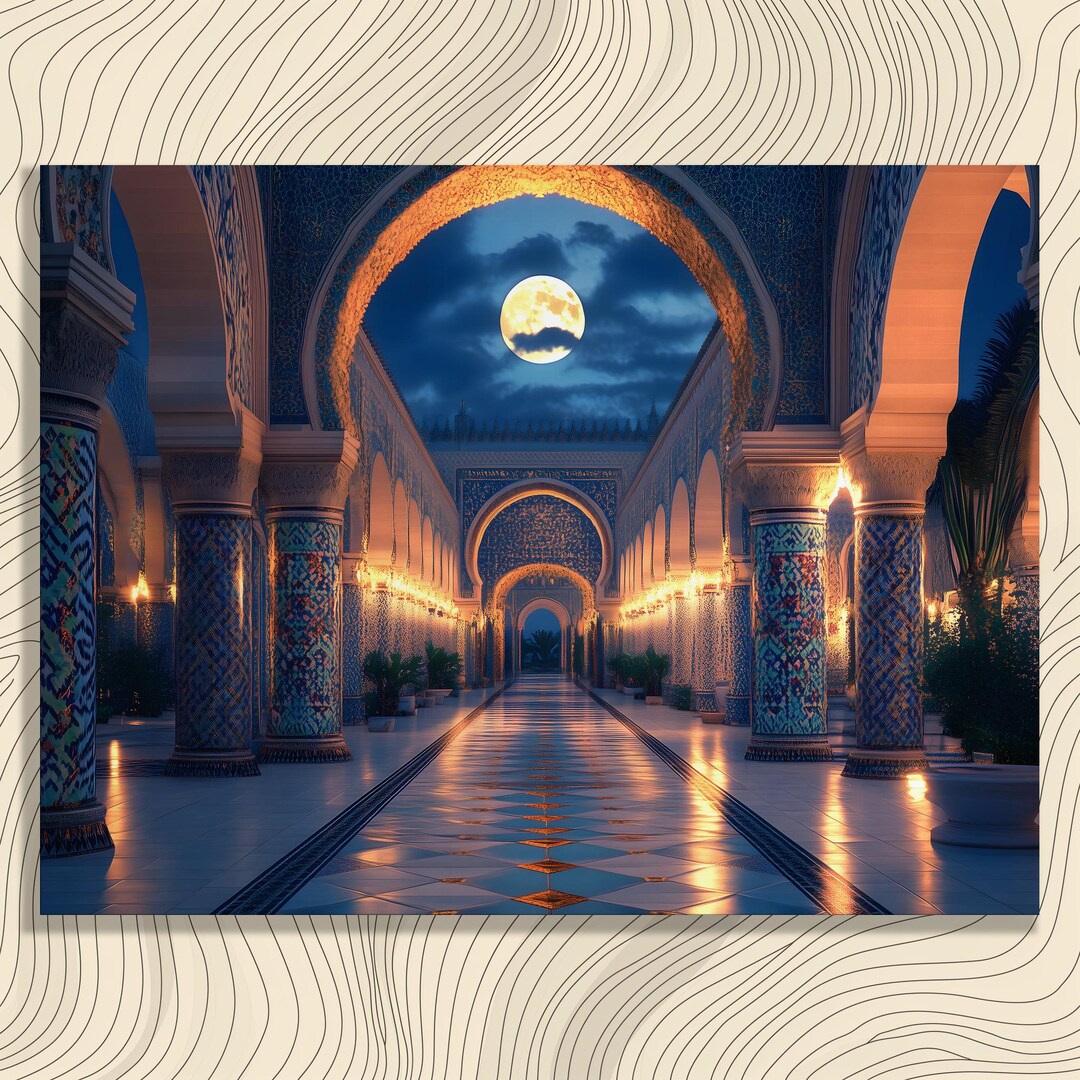 Serene Moonlit Corridor Canvas Wall Art - Traditional Islamic Mosaic ...