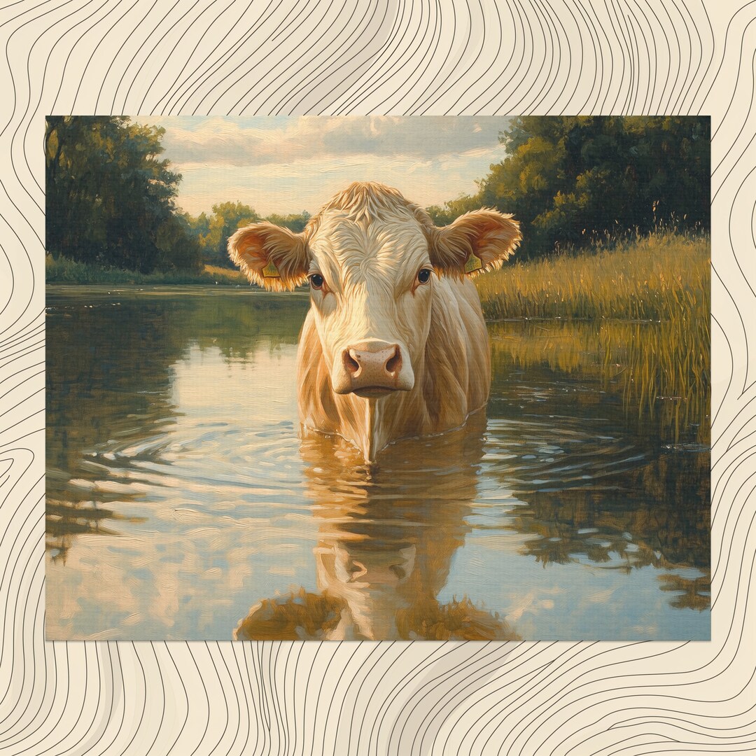 Simmental Canvas Wall Art, Serene Cow by Tranquil Lake Reflection ...
