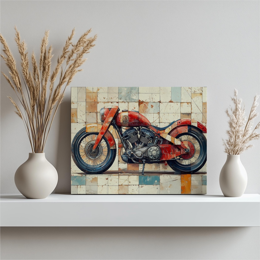 Motorcycle Wall Art Print – Vintage Bike Canvas Painting With Geometric ...