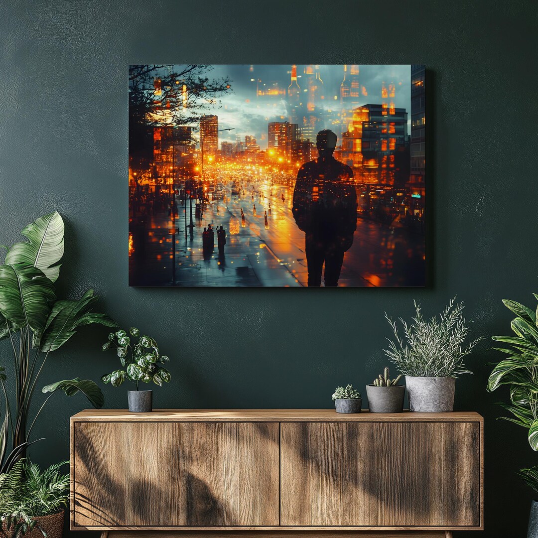City Lights Silhouette Canvas Wall Art - Double Exposure Urban Night ...
