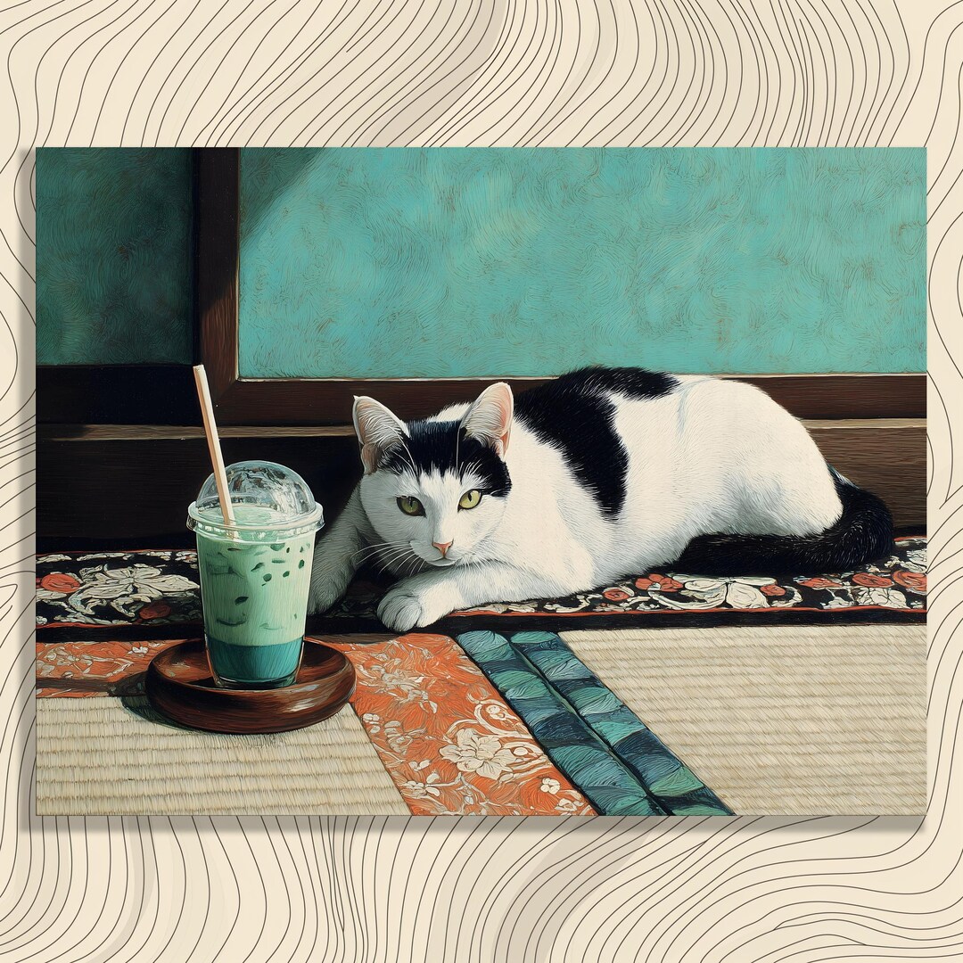 Modern Cat Matcha Canvas Wall Art – Photorealistic Japanese Bobtail Pet ...