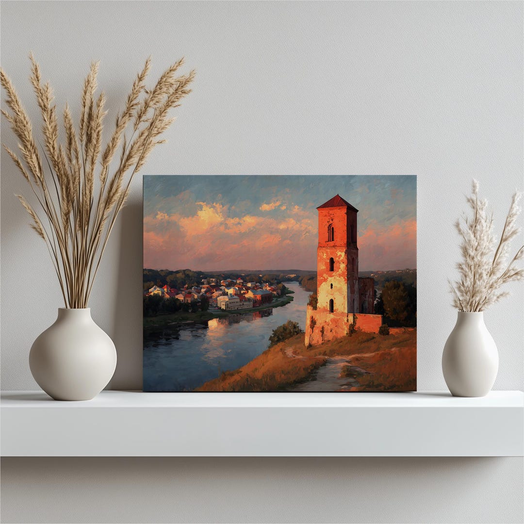 Sunset Tower River Canvas Wall Art – Medieval Hilltop Tower Winding ...