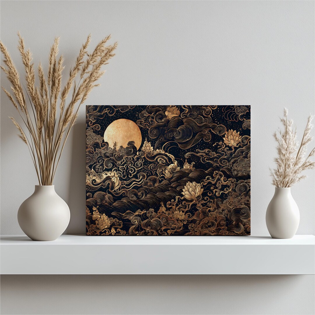Ornate Full Moon Canvas Wall Art – Dark Celestial Wall Art Gold Moon ...