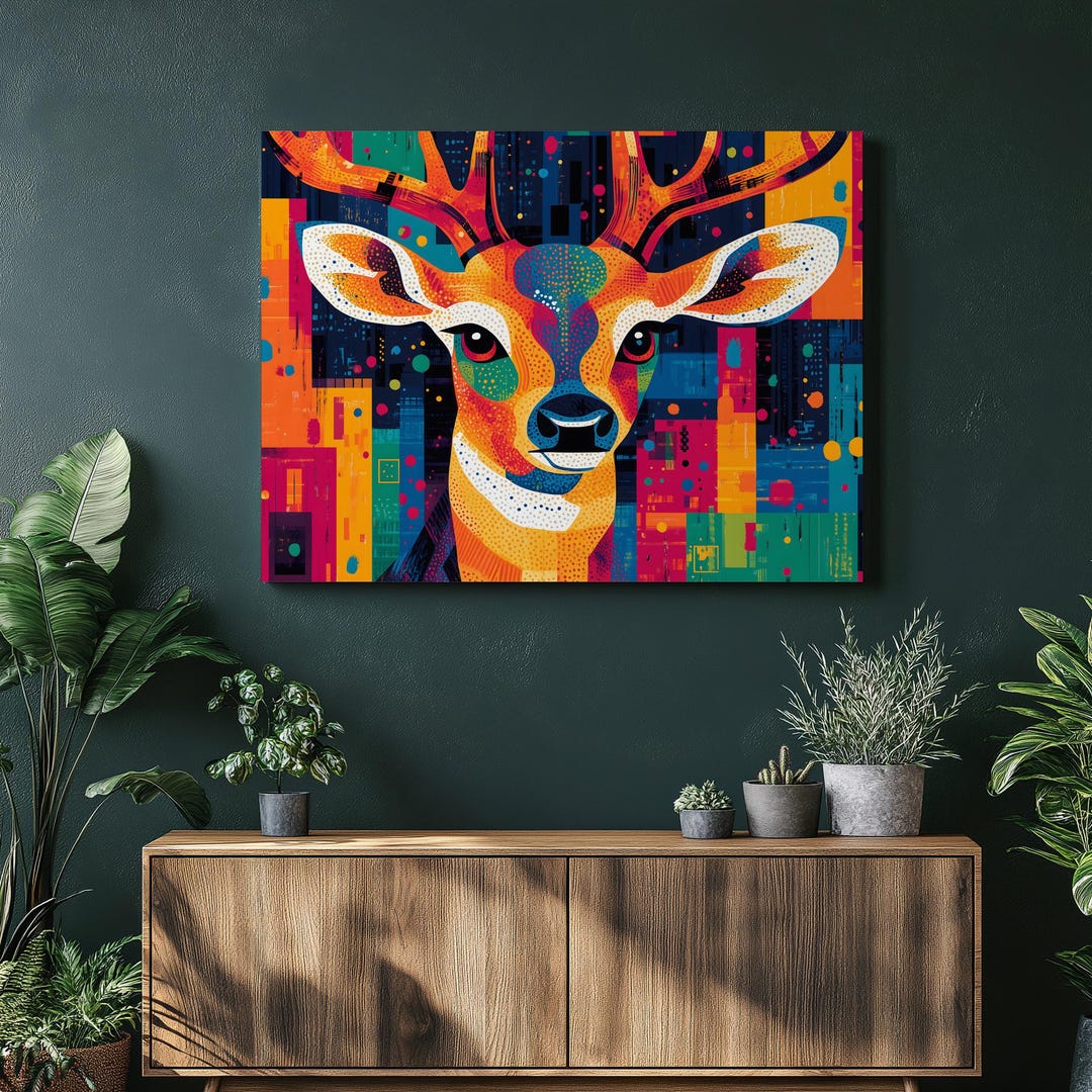 Colorful Deer Portrait Canvas Wall Art - Geometric Stag With Antlers ...
