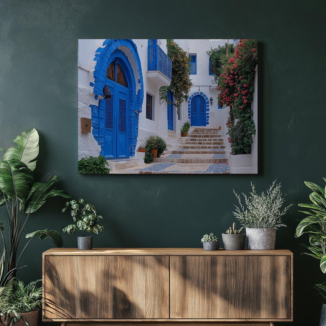 Sidi Bou Said Tunisia Canvas Wall Art – Mediterranean Alleyway With ...