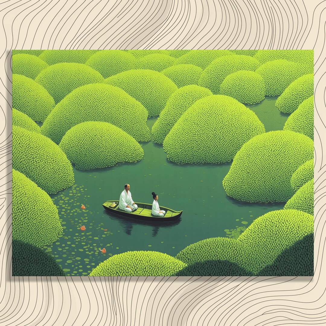 Zen Boat Pond Canvas Wall Art - Tranquil Koi Lagoon Couple in Rowboat ...