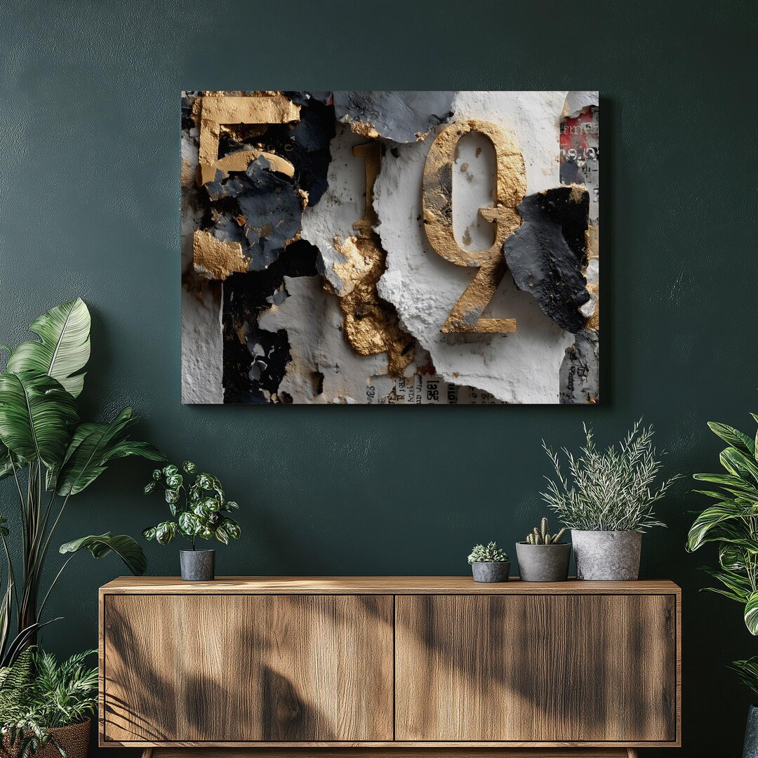 Gold Number Canvas Wall Art – Abstract Mixed Media Collage Decor ...