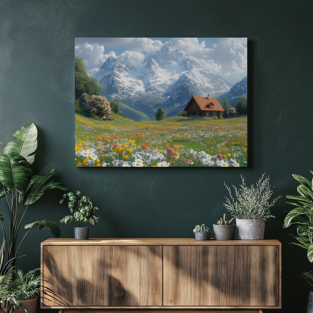 Swiss Alpine Meadow Canvas Wall Art - Rustic Mountain Chalet Nature ...