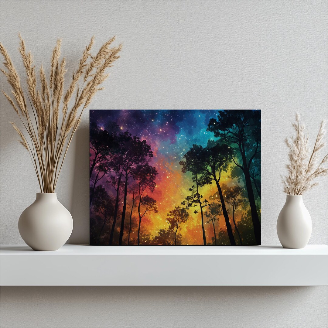 Starry Night Trees Canvas Wall Art - Colorful Cosmic Desert Landscape ...