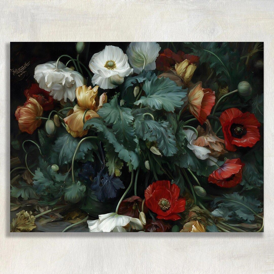 Poppy Still Life Canvas Wall Art – Classic Dark Floral Print Botanical ...