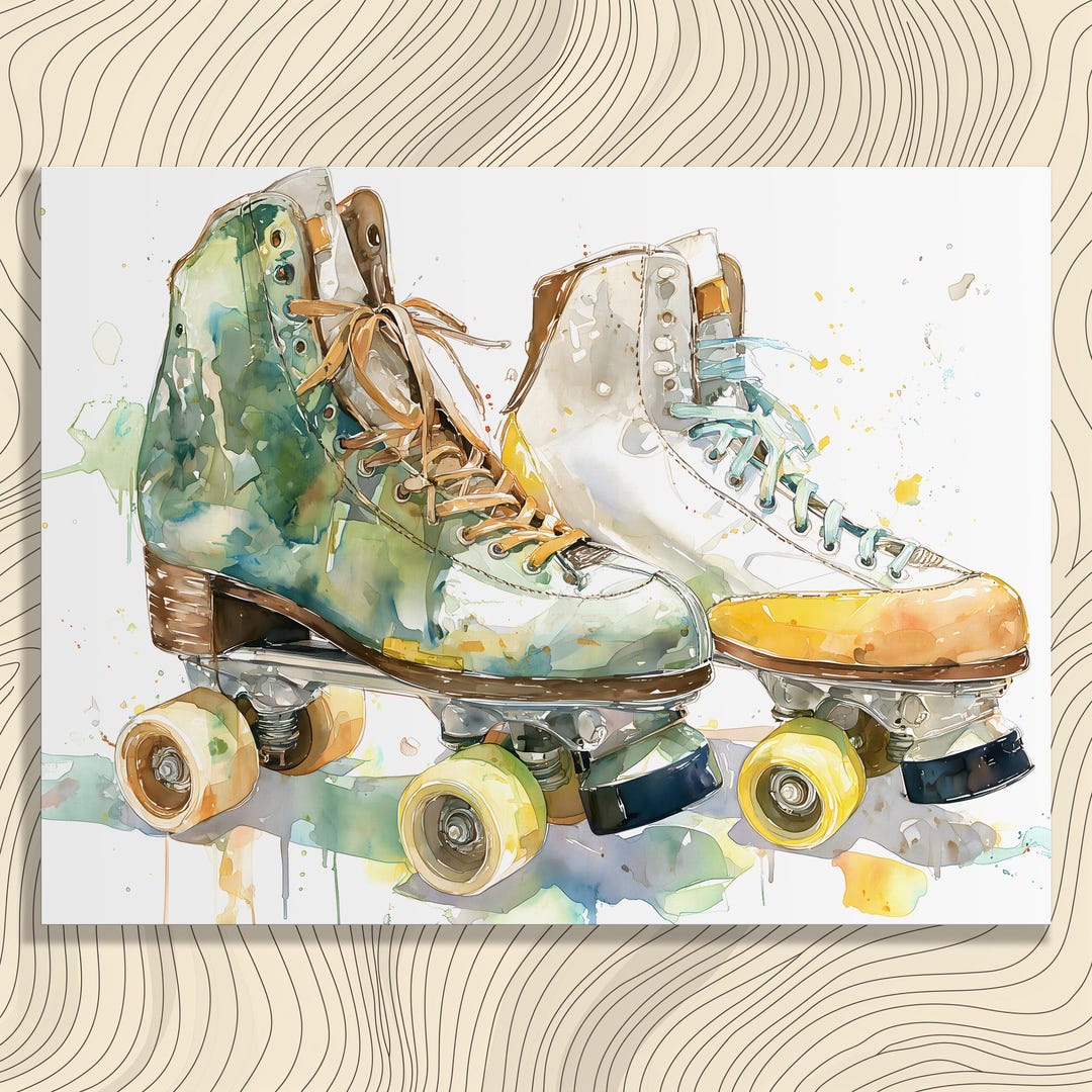 Retro Roller Skate Canvas Wall Art - Watercolor Vintage Quad Skates ...