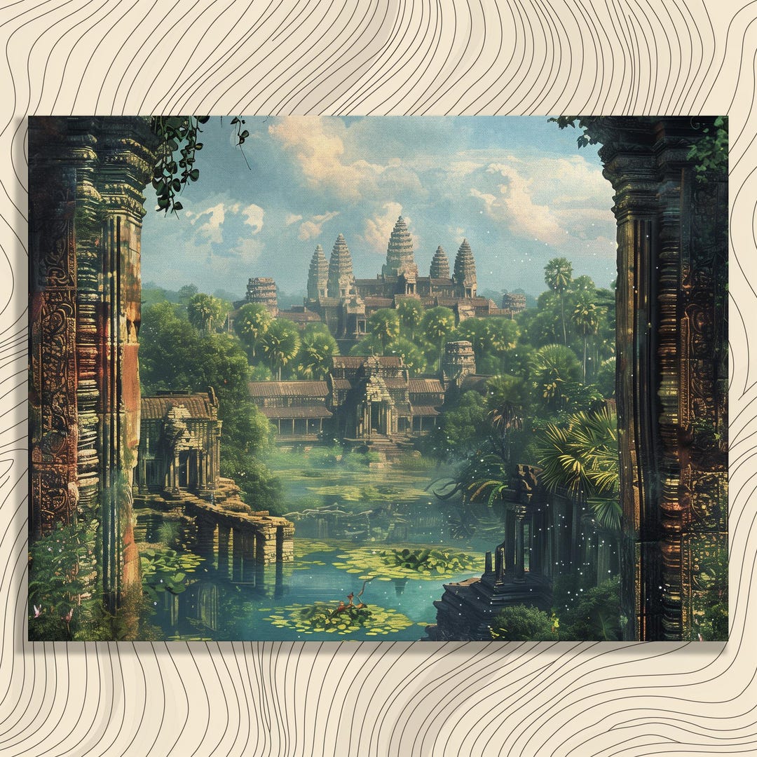 Angkor Wat Canvas Wall Art, Ancient Temple Decor With Exotic Wildlife ...