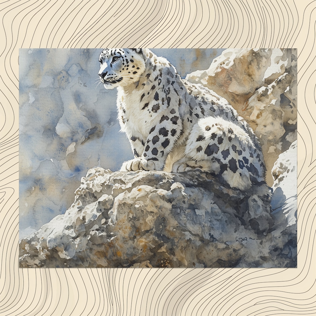 Snow Leopard Canvas Wall Art, Elegant Wildlife Painting on Rocky Ledge ...