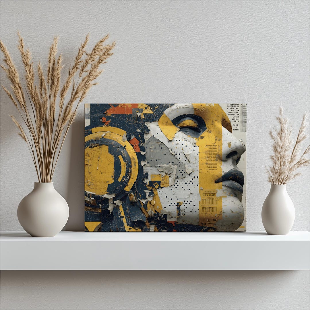 Futuristic Cyborg Portrait Canvas Wall Art – Mixed Media Geometric ...