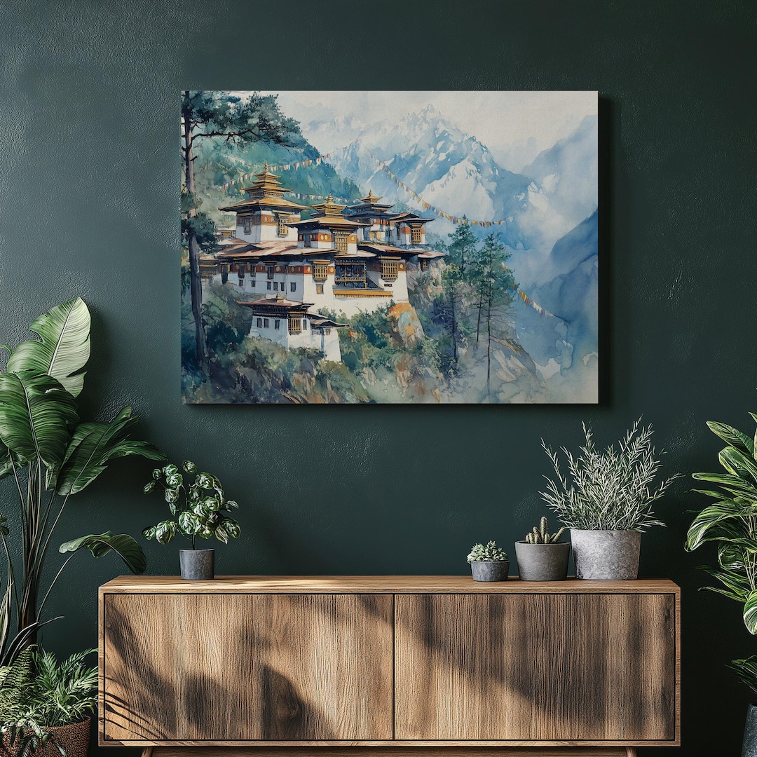 Watercolor Bhutan Monastery Canvas Wall Art - Serene Buddhist Temple in ...