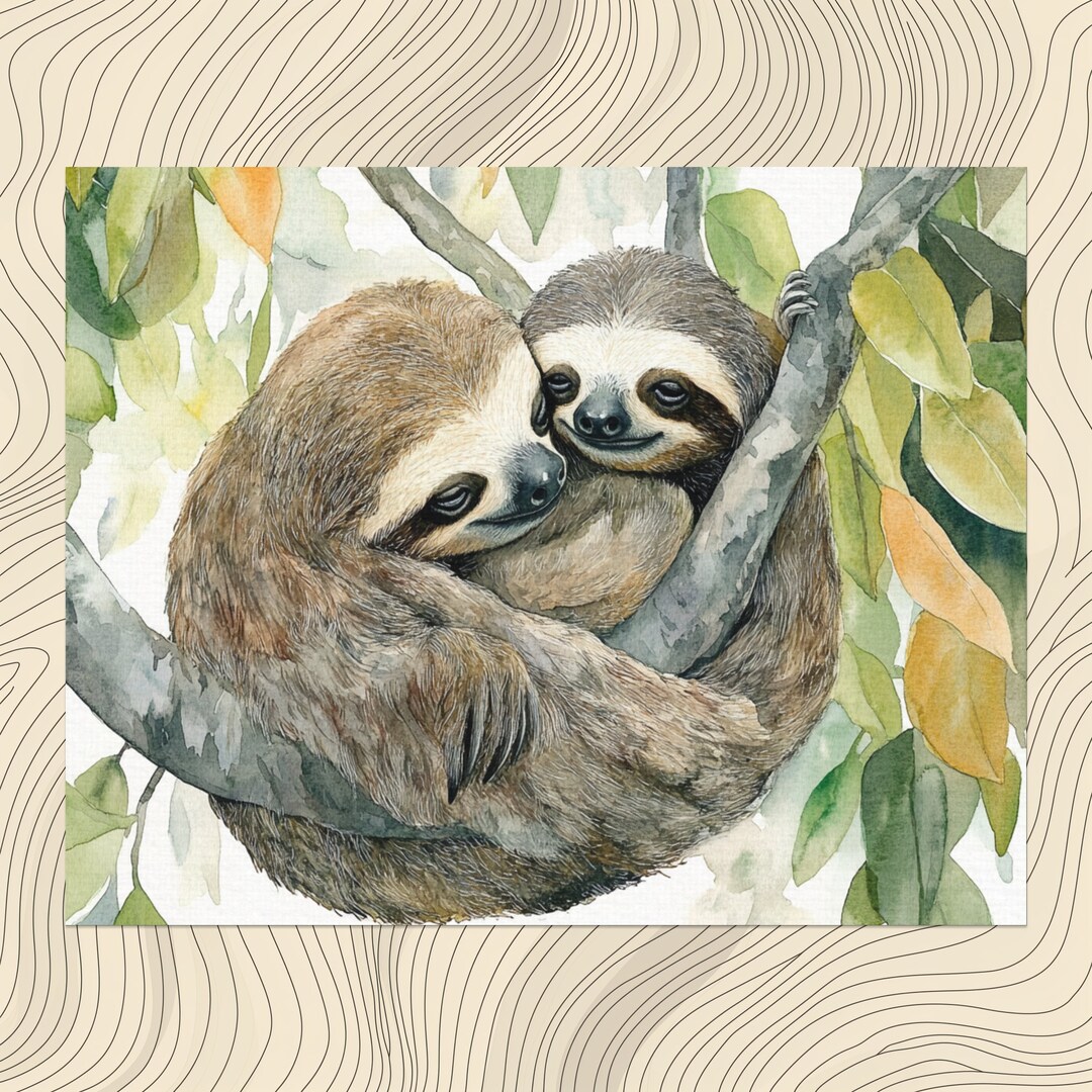 Sloth Canvas Wall Art Cute Mother Baby Sloths on Tree Nature Kids Room ...
