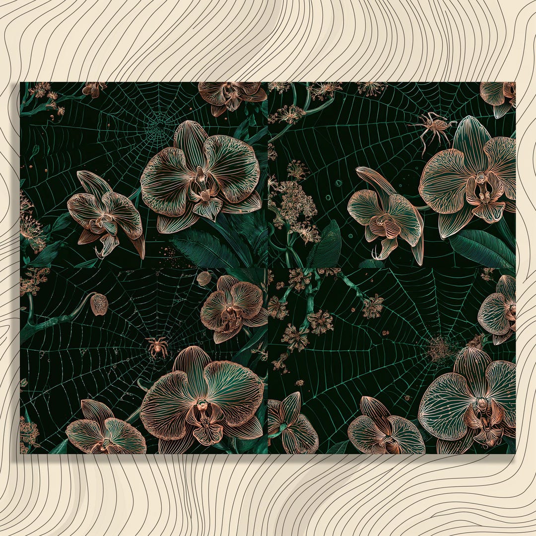 Orchid Spider Web Canvas Wall Art - Dark Botanical Flowers With ...