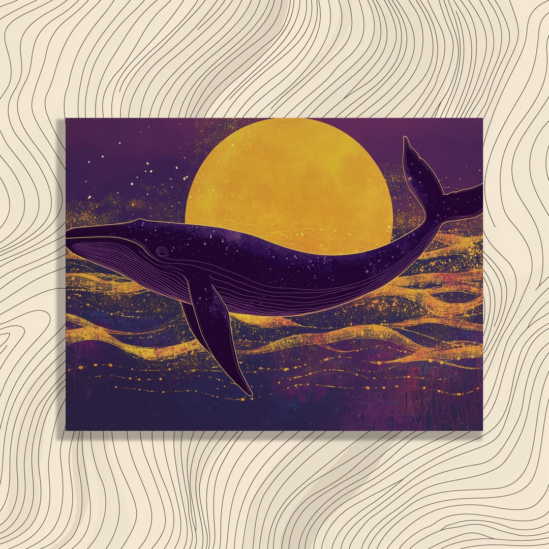 Majestic Whale Canvas Wall Art Beneath Golden Sun Over Purple Sea ...